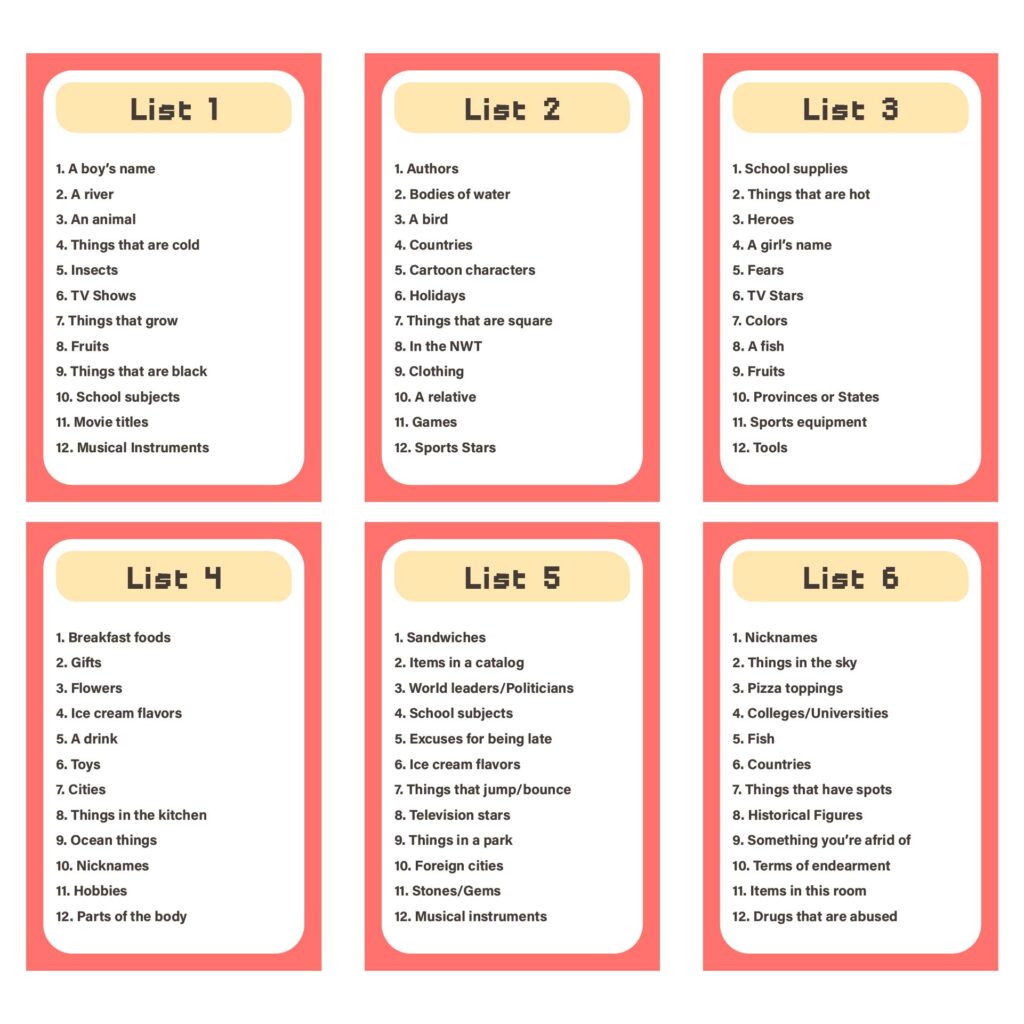 Printable Scattergories Categories List - Printable JD