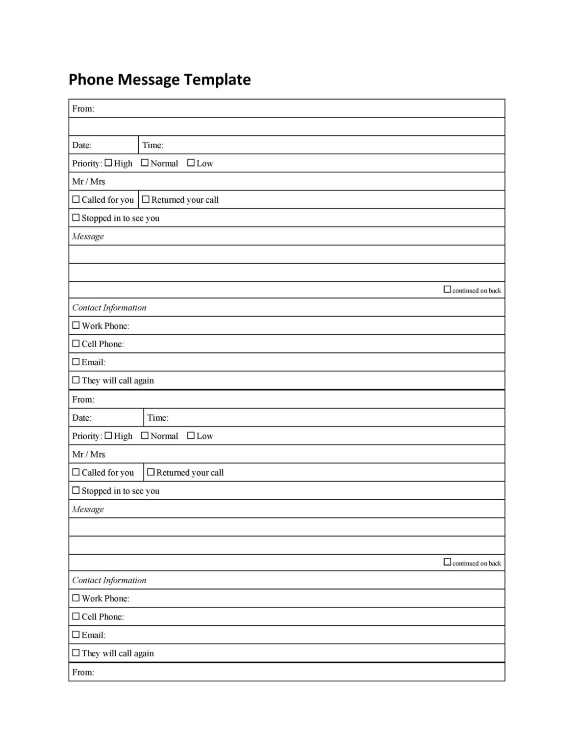 Printable Telephone Message Template - Printable JD