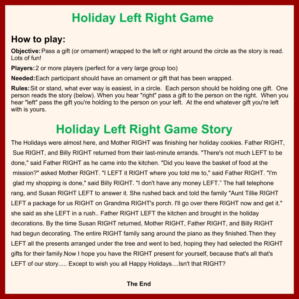 Printable Right Left Christmas Game Twas The Night Before - Printable JD