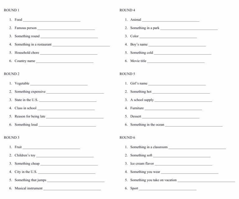 Printable Scattergories Sheets - Printable JD