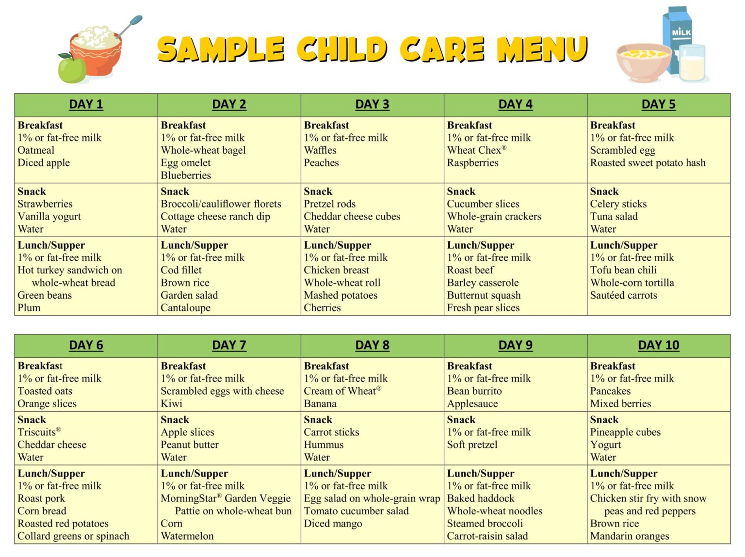 Printable Sample Daycare Menus - Printable JD