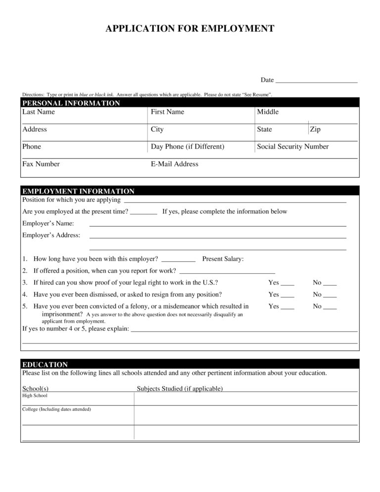 Printable Blank Application For Employment - Printable JD
