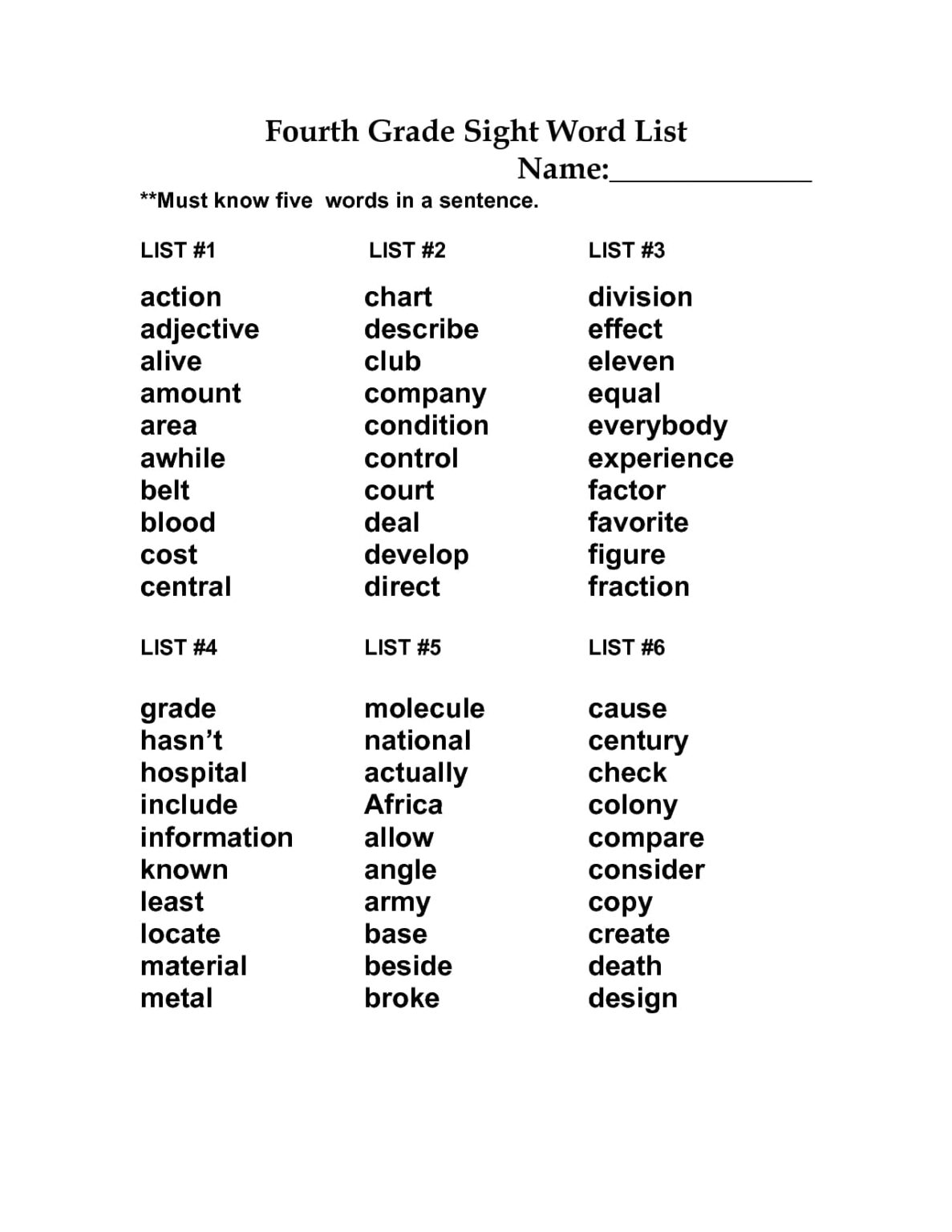 Printable Fourth Grade Sight Words Printable JD