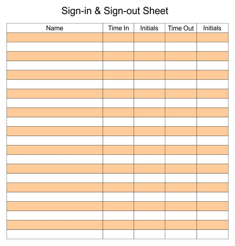 Printable Sign Out Sheet Template - Printable JD