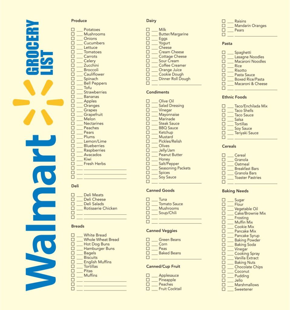 Printable Walmart Grocery List - Printable JD