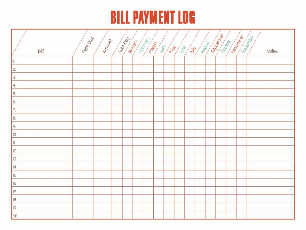 Printable Bill Payment Chart - Printable JD