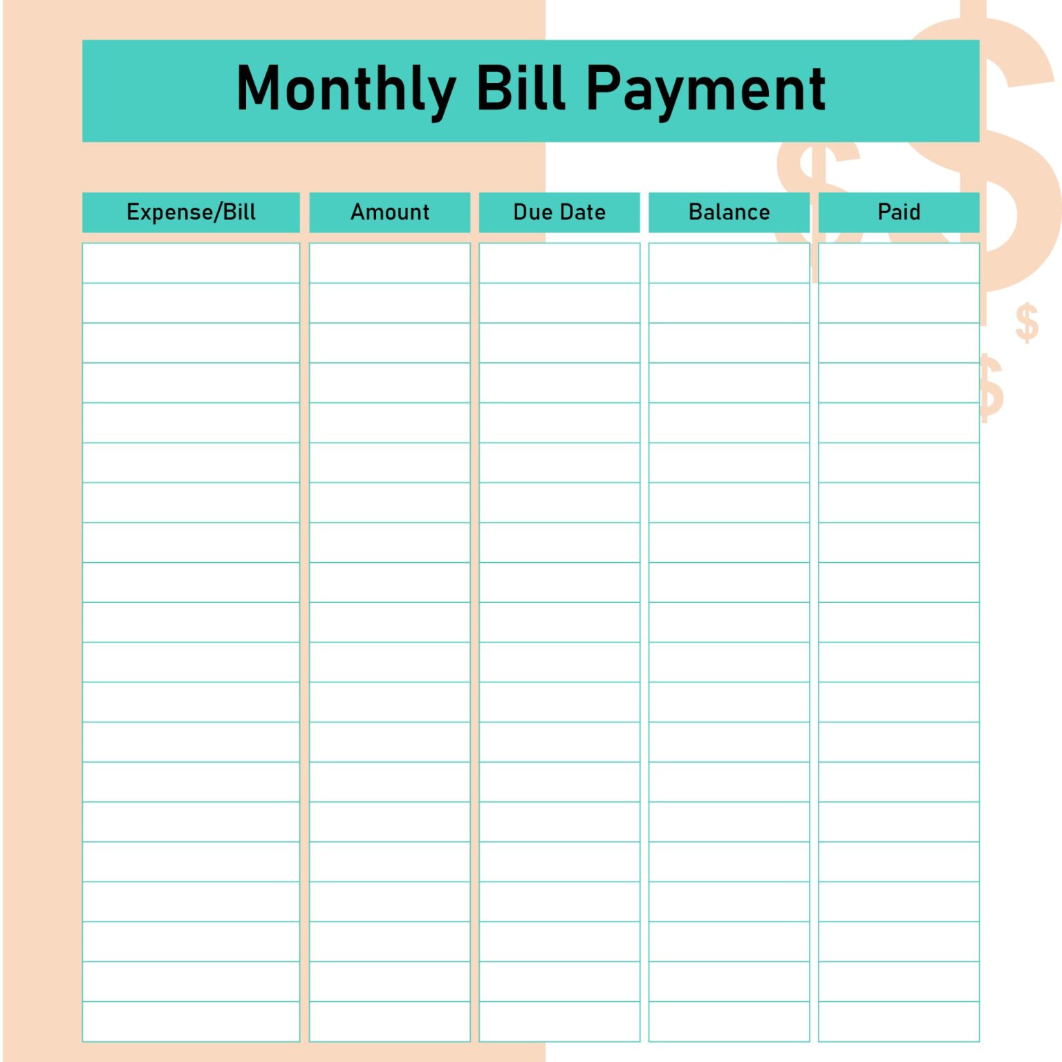 Printable Bill Payment Chart - Printable JD