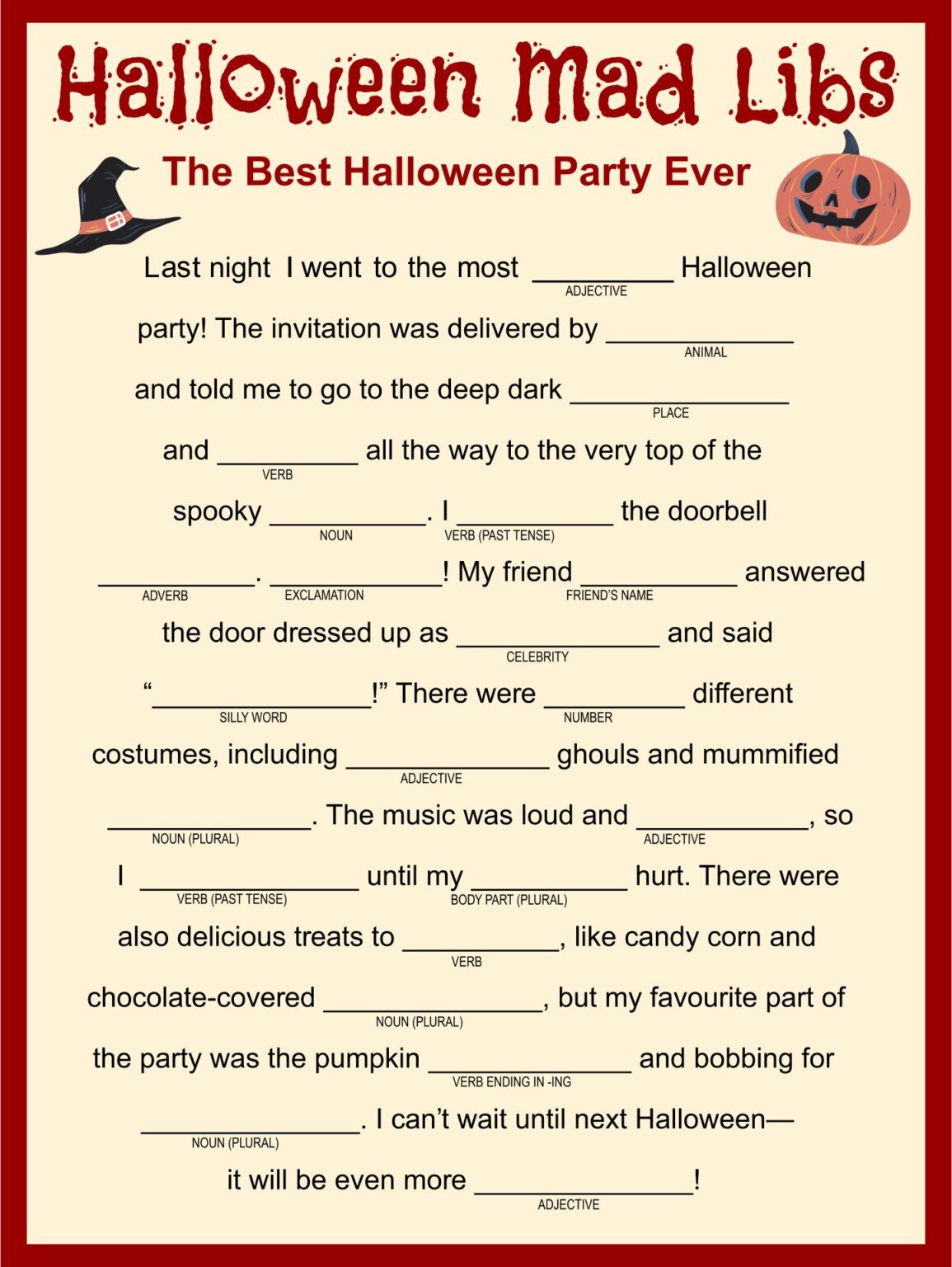 Printable Halloween Mad Libs Worksheets - Printable JD
