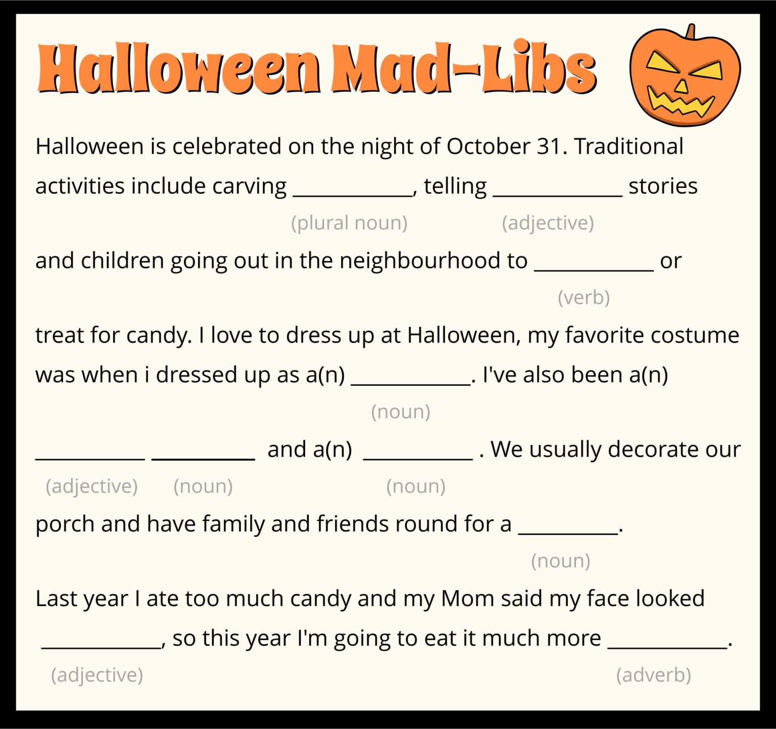 Printable Halloween Mad Libs Worksheets - Printable JD
