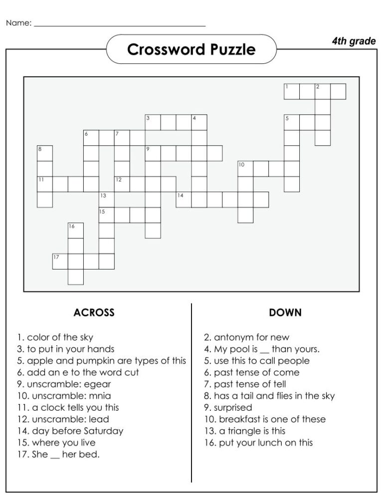 Printable Crossword Puzzles Grade 4 - Printable JD