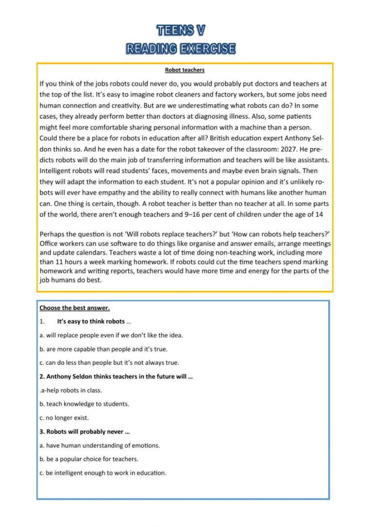 Printable Adult ESL Reading Comprehension Worksheets