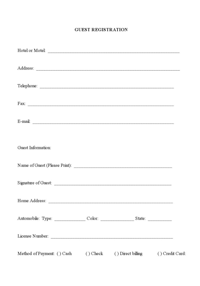 Printable Hotel Registration Card Template - Printable JD