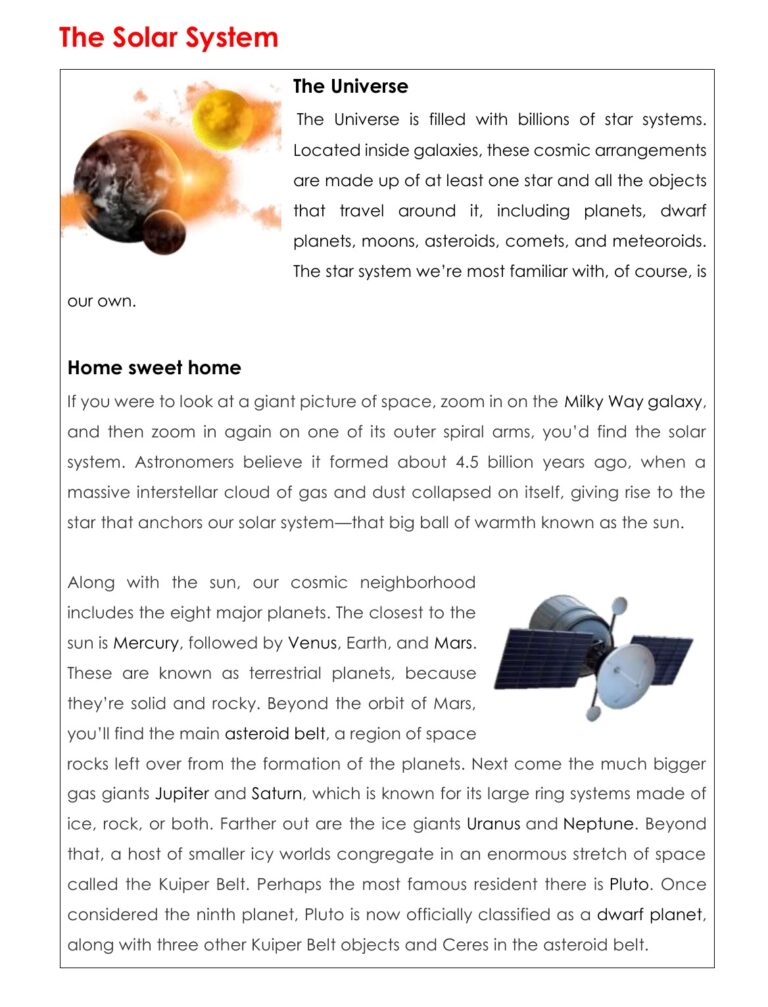 Printable The Solar System Reading Comprehension