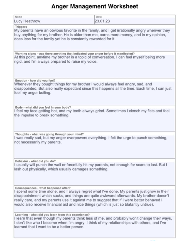 Printable Anger Management Worksheets For Teens