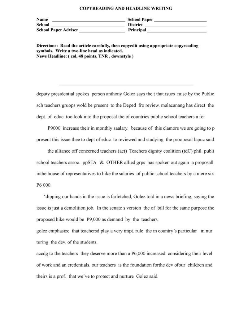 Printable Copyreading And Headline Writing Worksheets