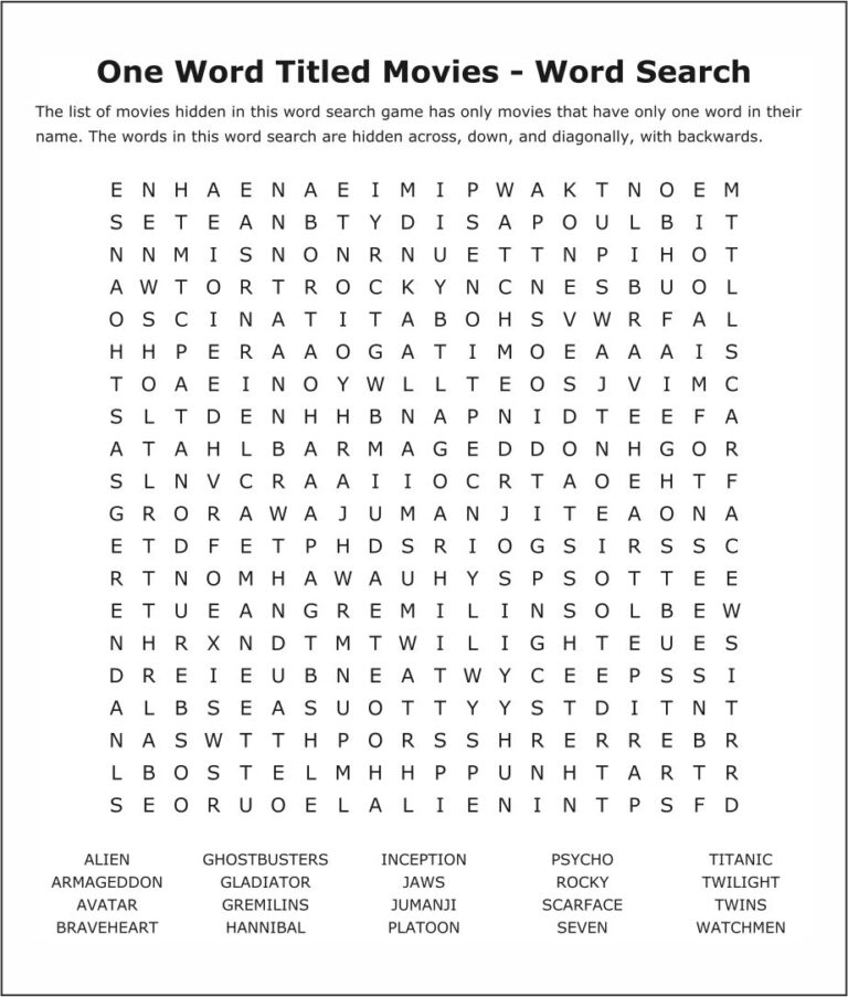 Printable Medium Difficulty Word Search