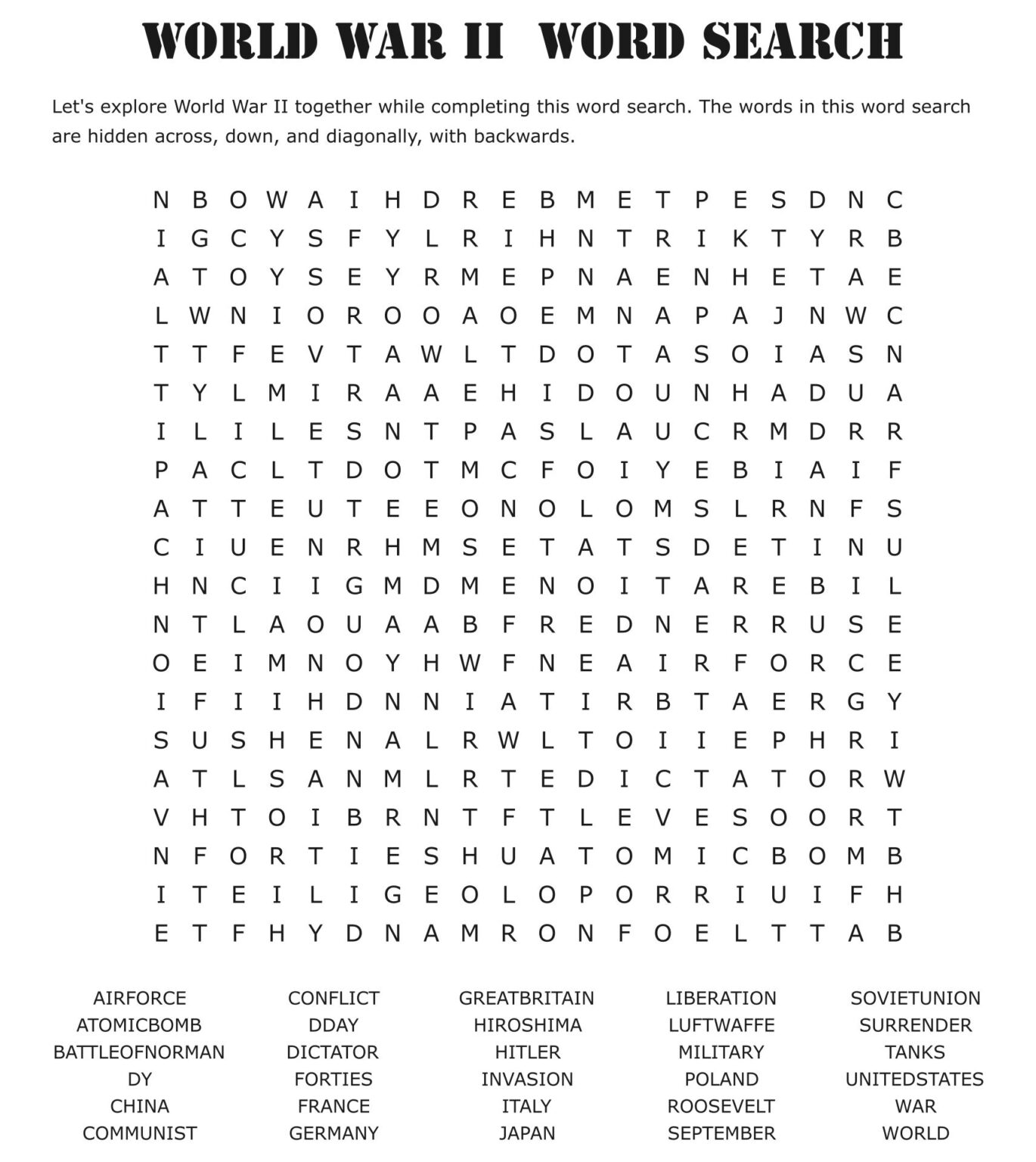 Printable Medium Difficulty Word Search