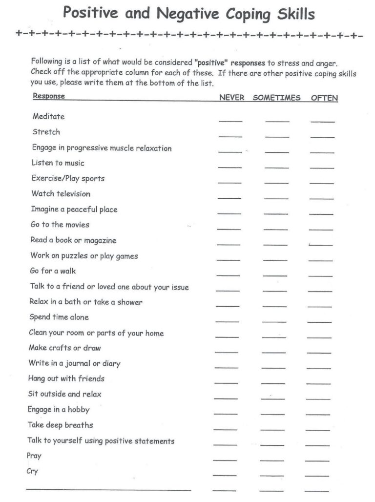 Printable Positive and Negative Coping Skills Worksheet